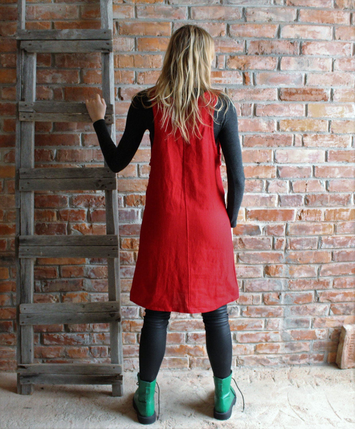 Linen Overalls Red Sleveless Linen Tunic / Linen Jumper With Big Pocket ...