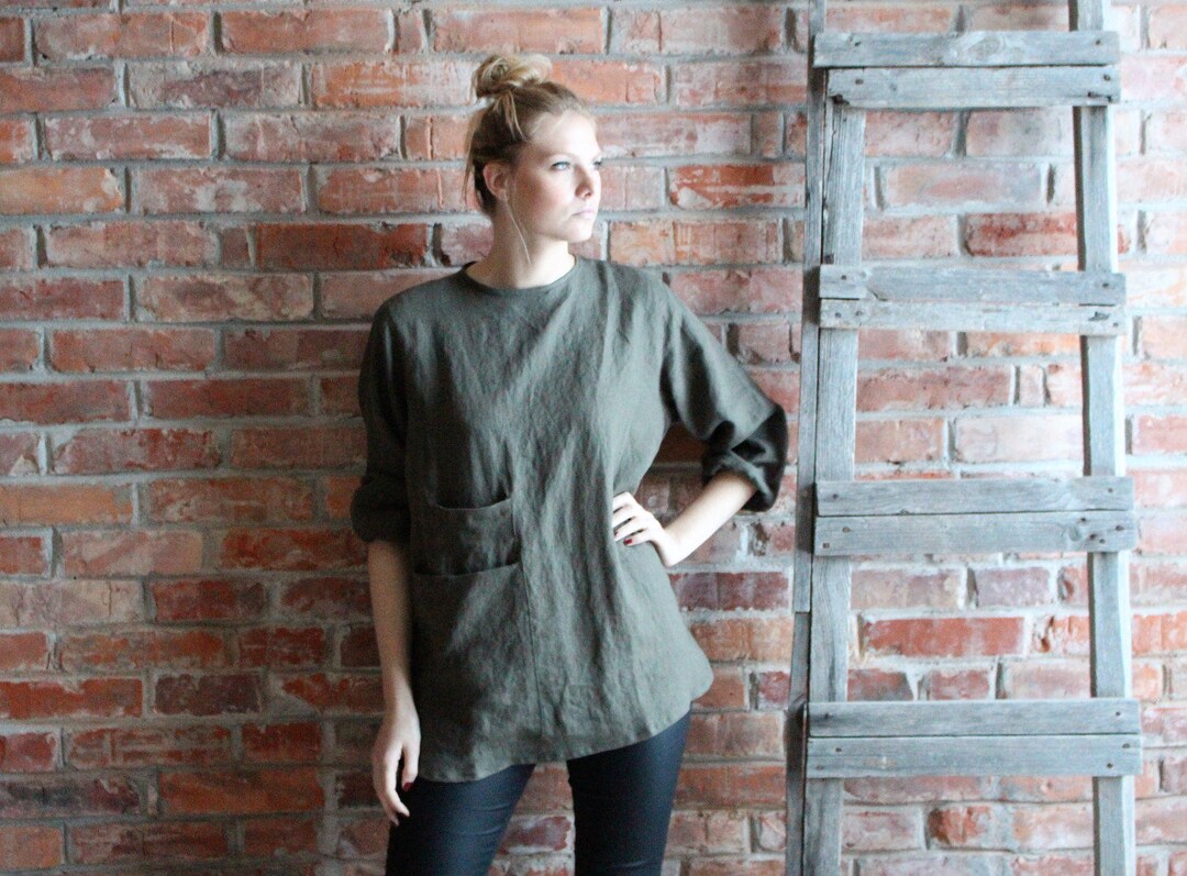 Artist Smock Loose Linen Tunic Khaki Tunic Oversized Tunic, Linen Tunic ...