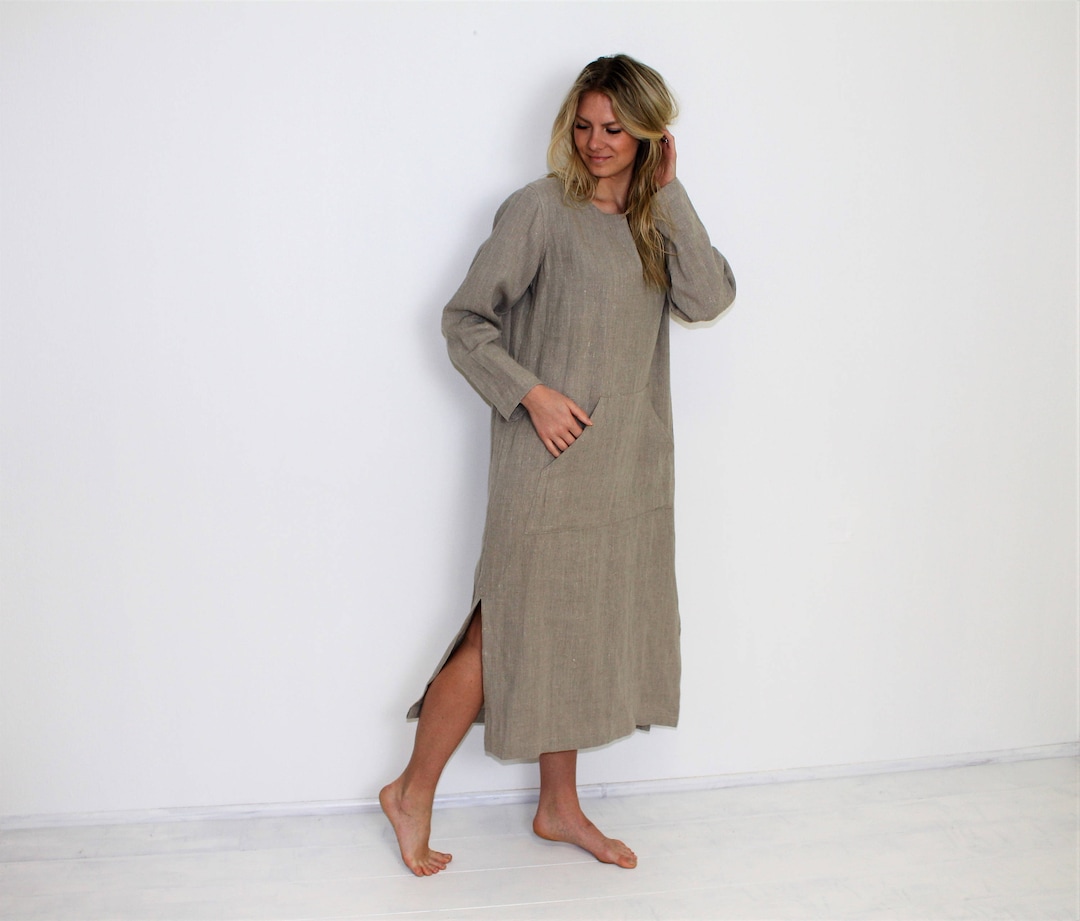Linen Kaftan Womens Long Linen Robe Washed Linen Caftan Long Sleeve ...