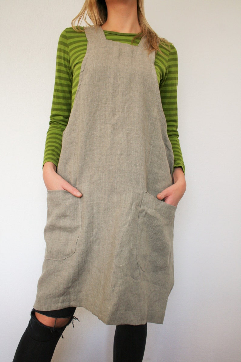 Linen Japanese Apron / Work Apron Dress / Natural Linen Dress - Etsy