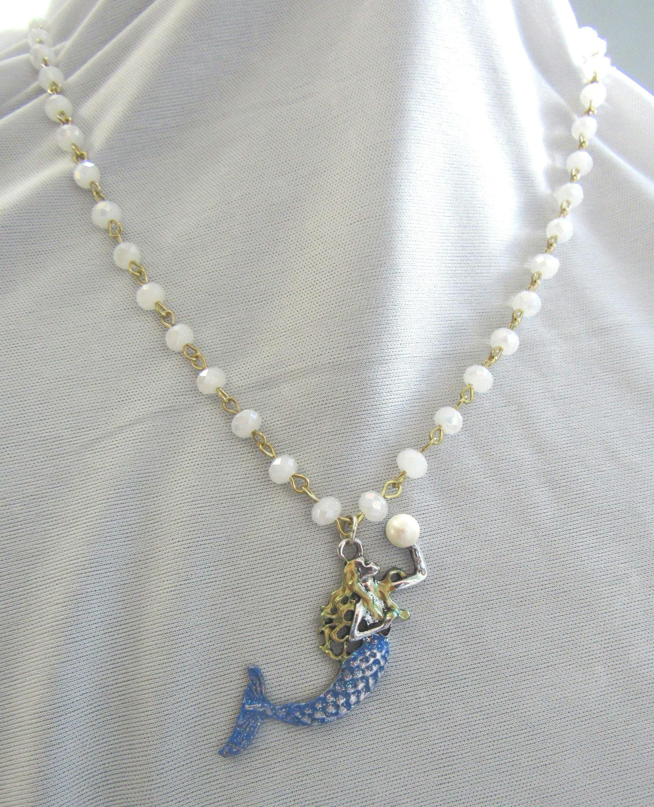 Mermaid Hand Painted Pendant With a Real Salt Water Pearl on a White ...