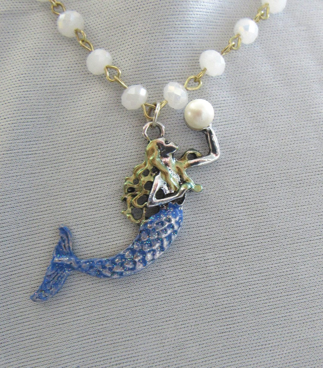Mermaid Hand Painted Pendant With a Real Salt Water Pearl on a White ...