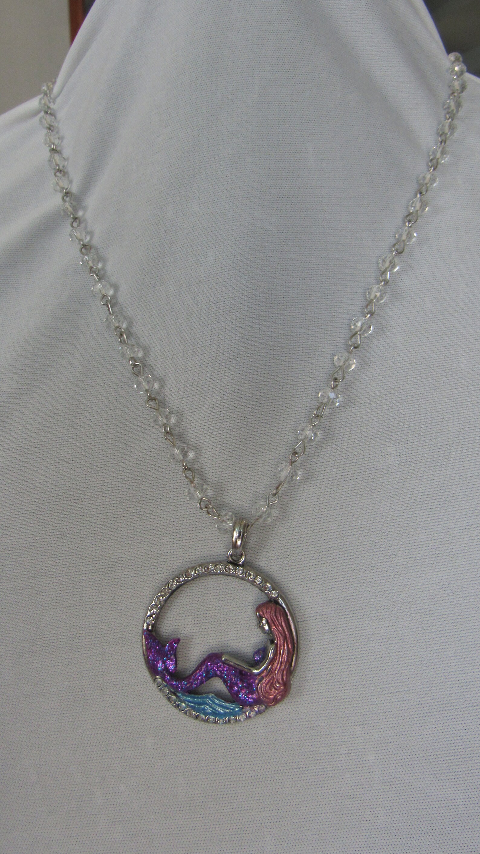 Purple Mermaid Rhinestone Silhouette Pendant on Sparkling Clear Beaded ...