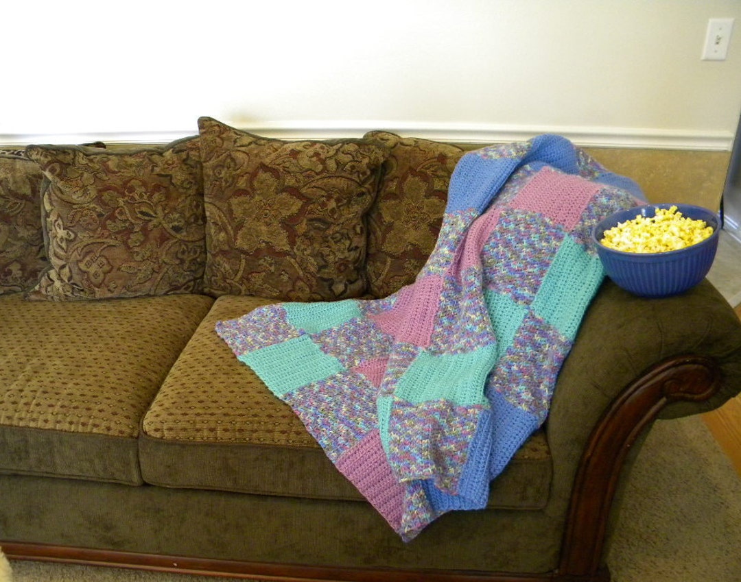 Patchwork Crochet Quilt Blanket in Blue Orchid Aqua and Multi Color Variegated Yarn Throw ...