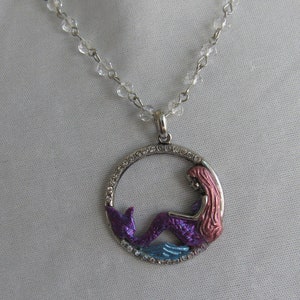 Purple Mermaid Rhinestone Silhouette Pendant on Sparkling Clear Beaded ...