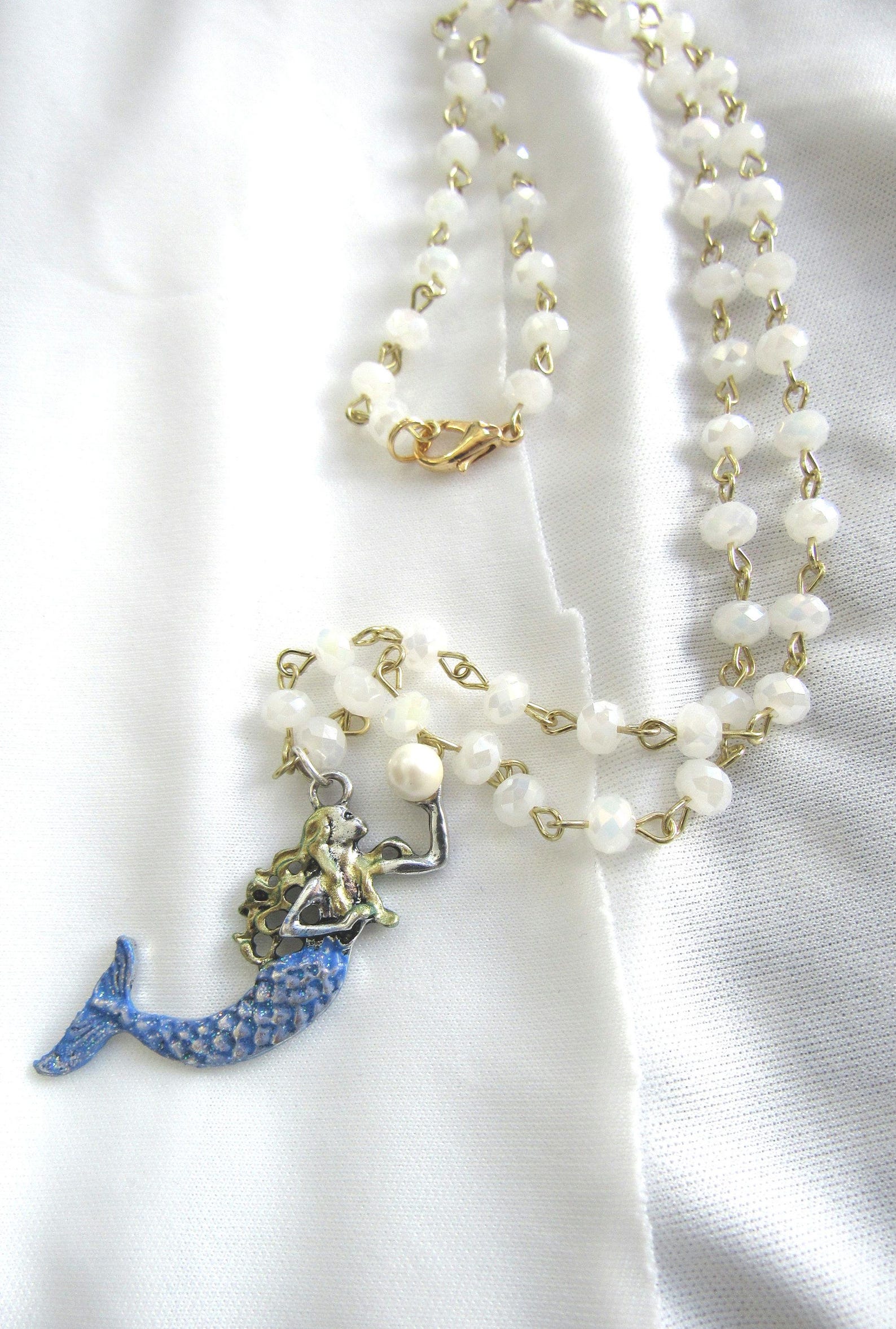 Mermaid Hand Painted Pendant With a Real Salt Water Pearl on a White ...