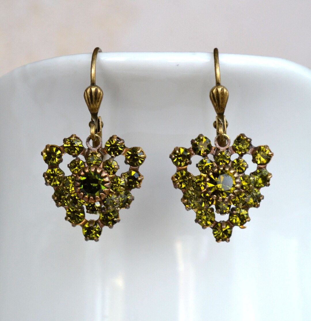 Art Deco Olive Green Crystal Earrings, Antiqued Gold Brass Earrings - Etsy