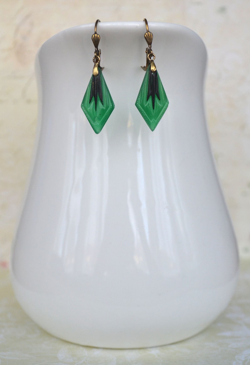 Art Deco Emerald Green and Black Necklace and Earring Set - Etsy UK