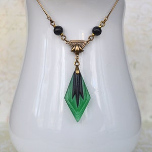 Art Deco Emerald Green and Black Necklace and Earring Set, Vintage ...