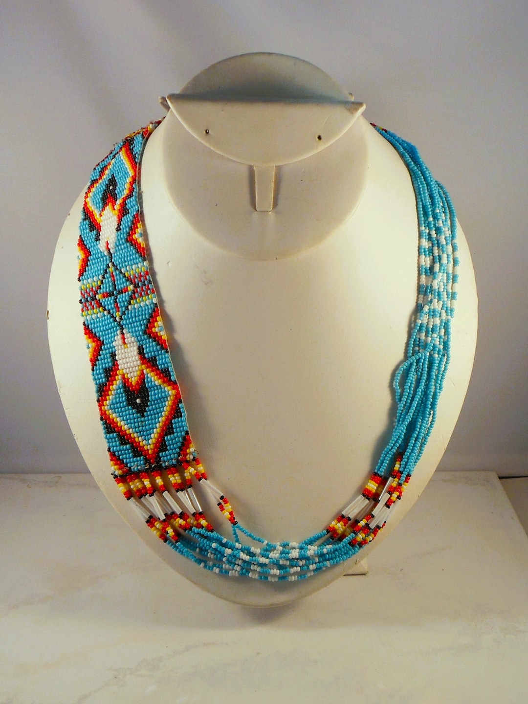 Native American Hand Beaded Necklace 13 Strands of Beads - One Side Has ...