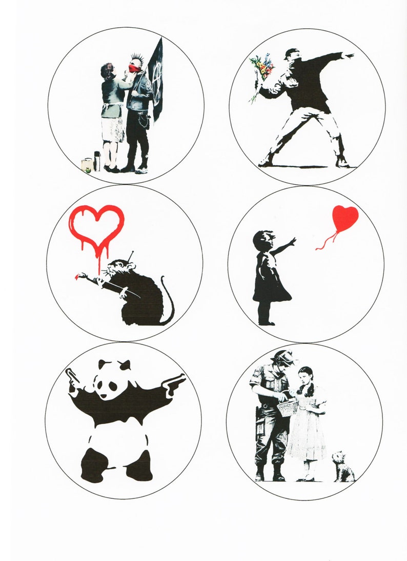 Banksy a Collection of His Drawings Used as Gift Tags and Large Circles ...