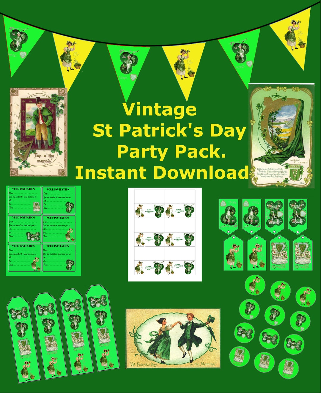 St Patrick's Day Vintage Party Download Pack With Bunting, Bookmarks ...