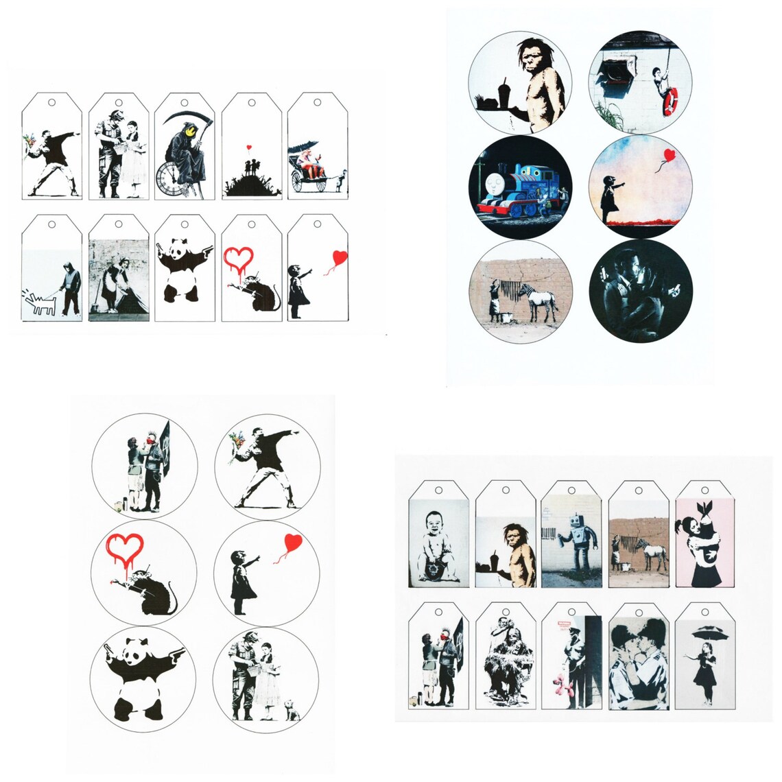 Banksy a Collection of His Drawings Used as Gift Tags and Large Circles ...