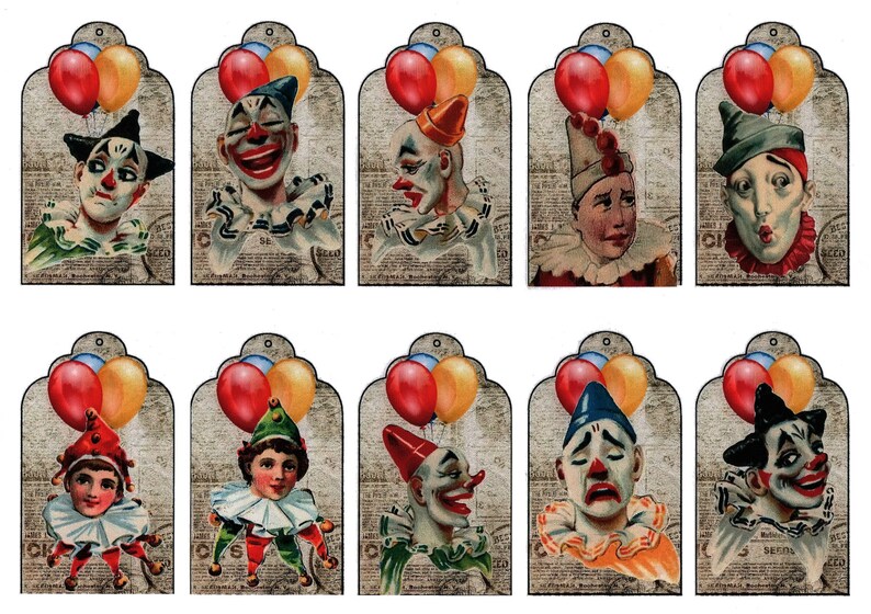 30 Vintage Clown & Circus Gift Tags Instant Download to Your Computer ...