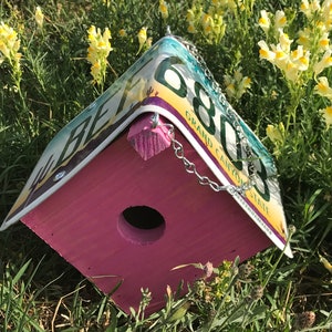 Small Cube Shape Bird House With Real Car License Plate Roof Magenta ...