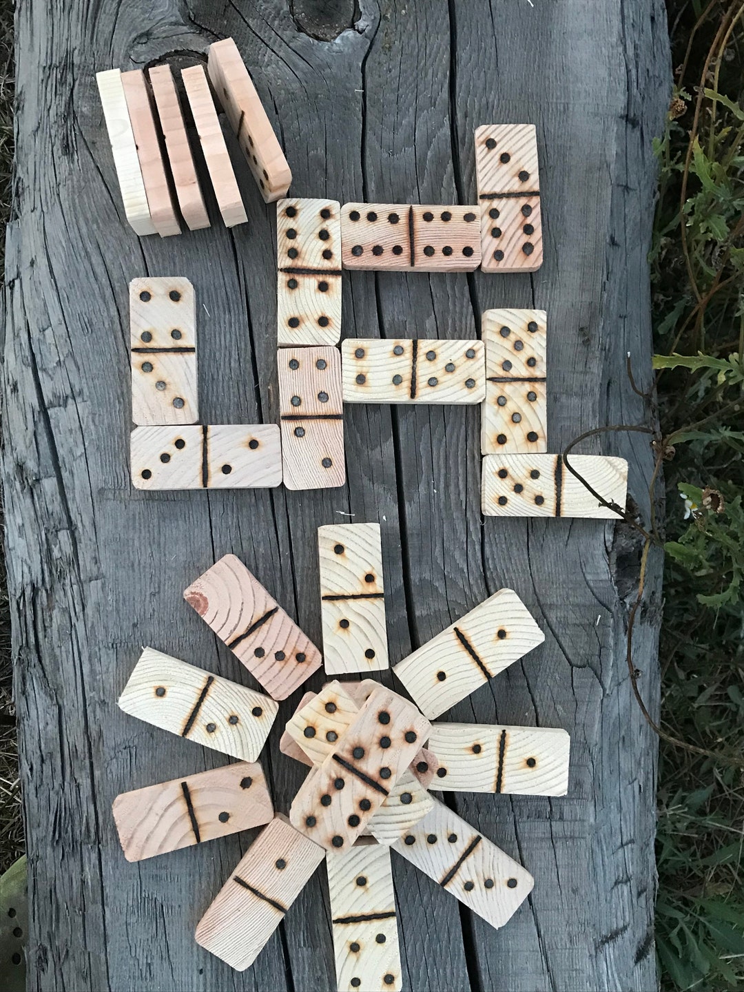 Rustic Double Six Dominoes Set in a Carry Box Torch Burned Large Wooden ...