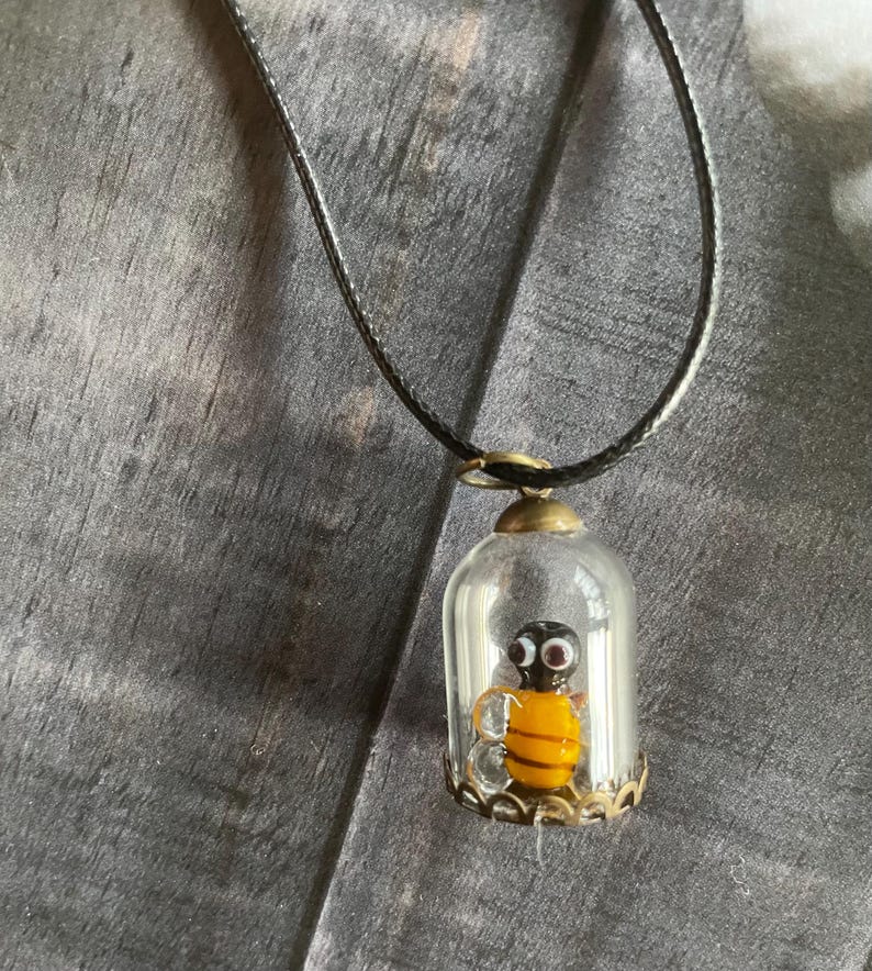 Tiny Glass Bee Pendant Necklace Cute Orange Black and Clear Insect in a ...