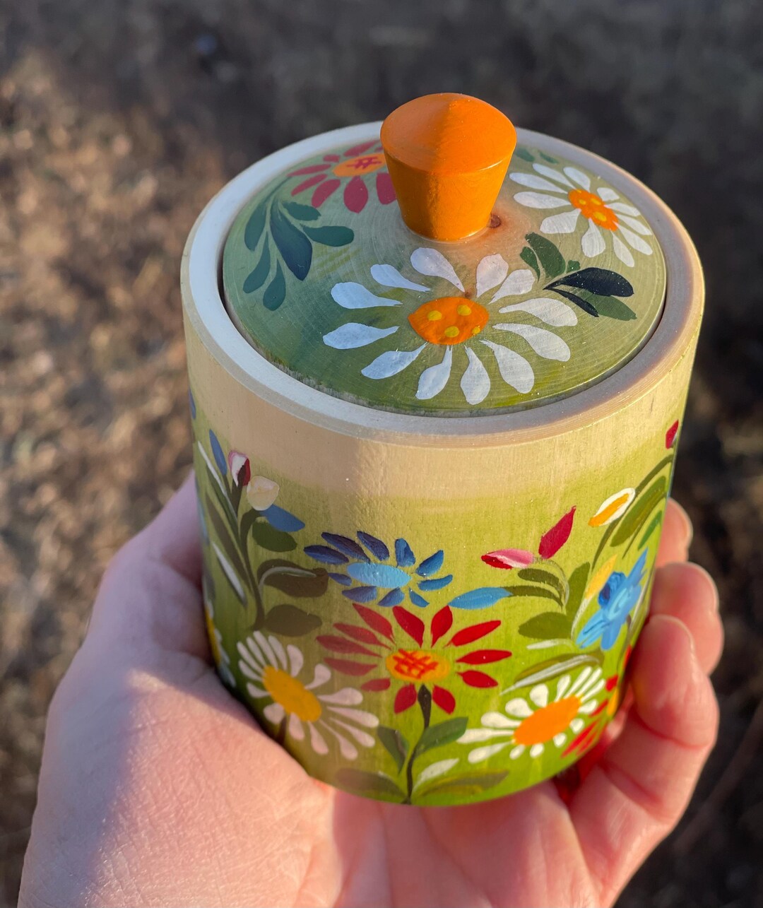 Small Hand Painted Canister Floral Solid Aspen Wood Jar Canister With ...