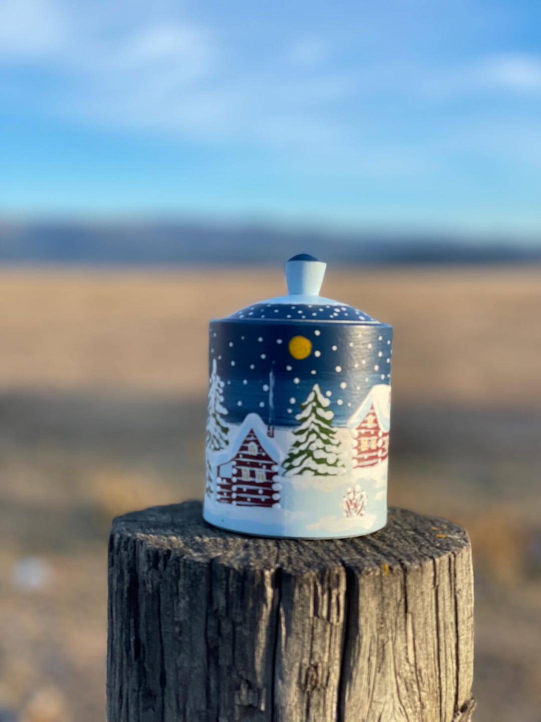 Small Hand Painted Winter Colors Jar Solid Aspen Wood Canister With Lid ...