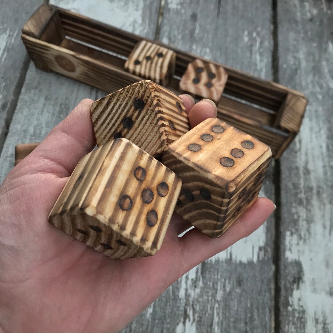Rustic Set of 6 Wooden Dice in a Box Handmade Torch Burned Pine Dice ...