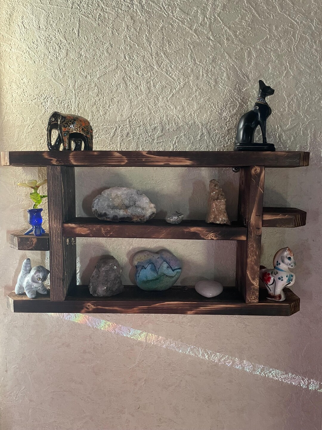 Medium 3 Tier Rustic Rock Display Multi-level Wooden Shelf Torch Burned ...