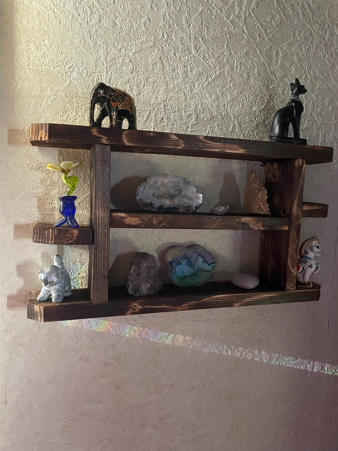 Medium 3 Tier Rustic Rock Display Multi-level Wooden Shelf Torch Burned ...