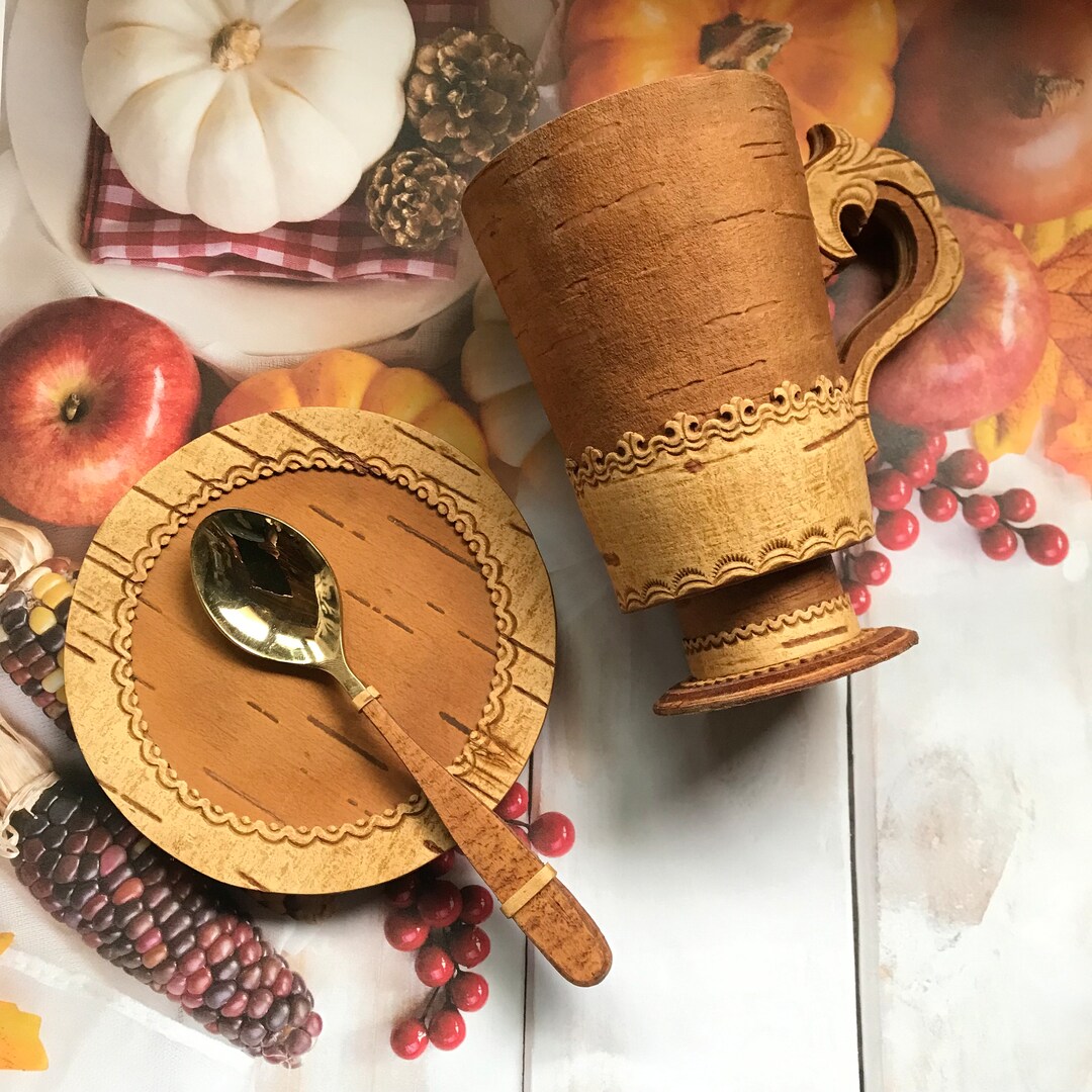 Natural Elegant Lightweight Tea Cup Set Birch Bark Coffee Mug, Saucer ...