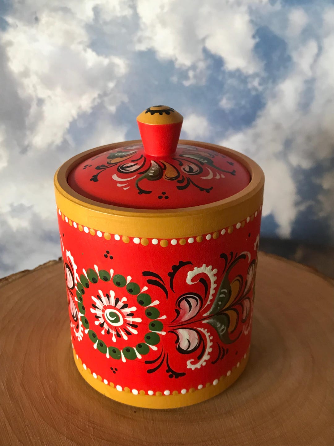 Hand Painted Aspen Box Red/green/white/orange Jar Solid Wood Canister W ...