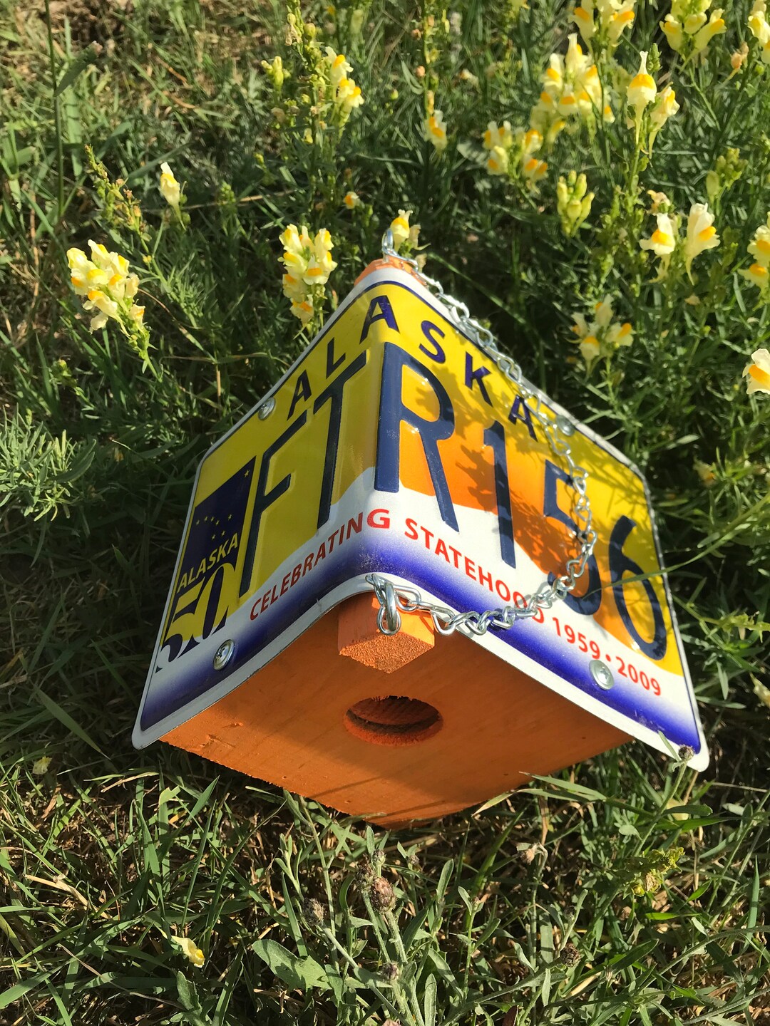 Small Cube Shape Bird House With Real Car License Plate Roof Orange ...