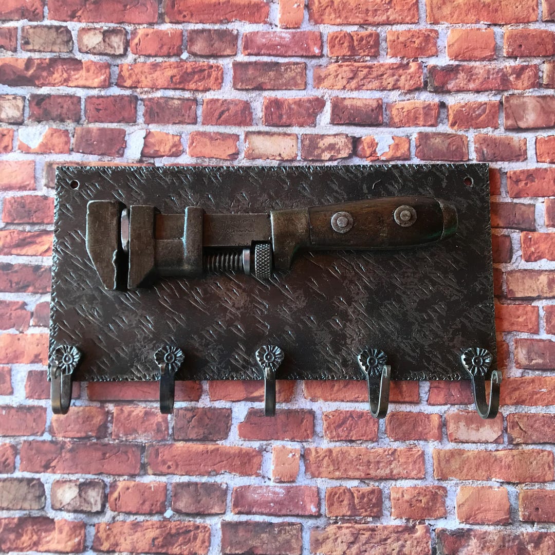 Rustic Hand Forged Key Hanger With a Genuine Old USA Made Monkey Wrench ...