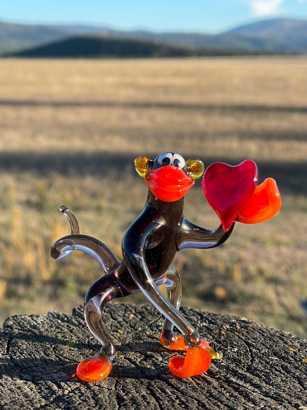 Funky Glass Monkey Figurine With Heart Handblown 3.47” Tall Purple Gray ...