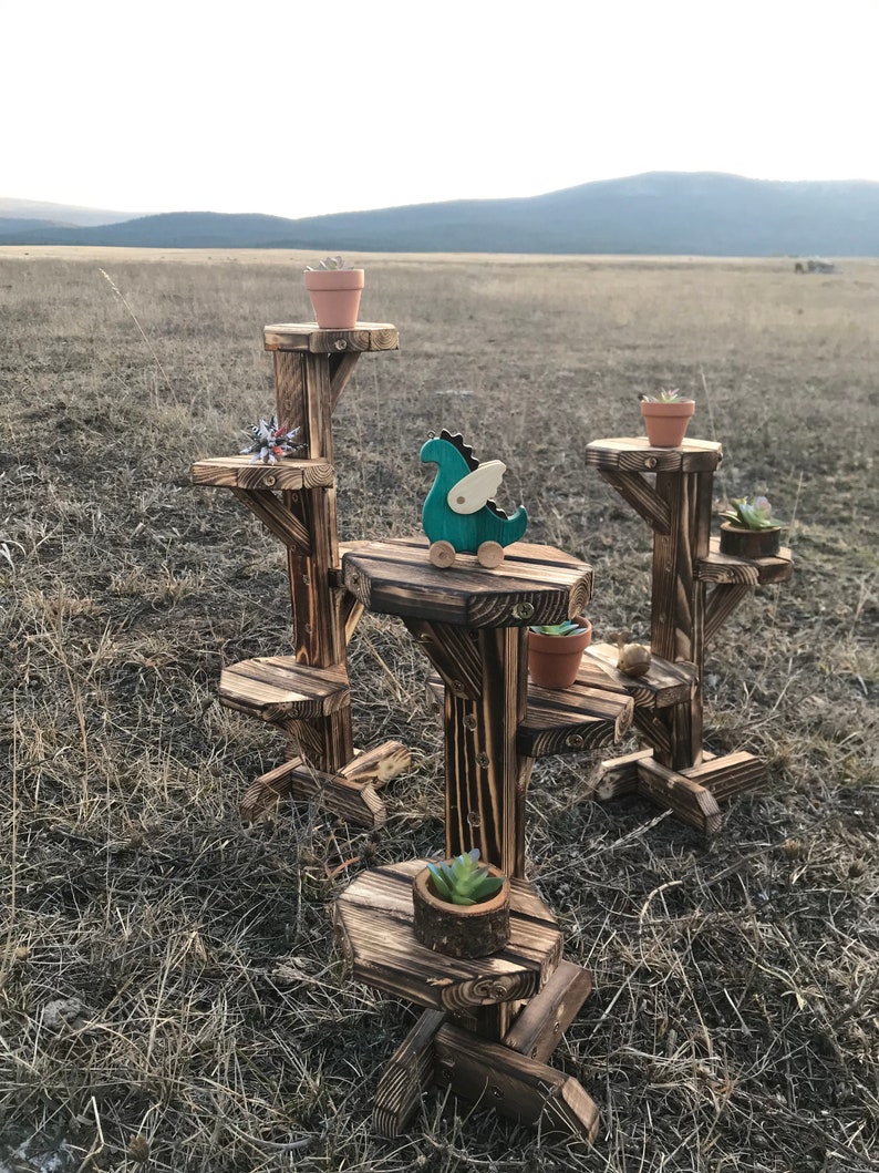 3 Tier Rustic Plant Stand Multi-level Wooden Window Plants Holder Torch Burned Pine Flower Rack ...