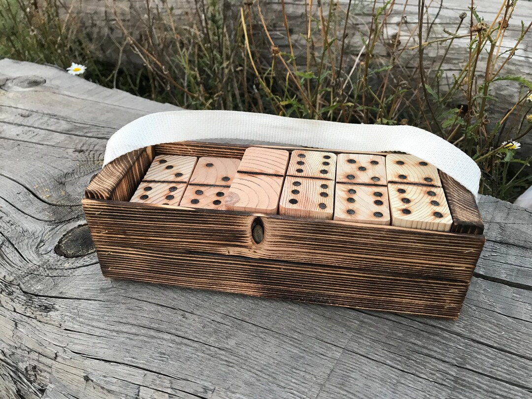 Rustic Double Six Dominoes Set in a Carry Box Torch Burned Large Wooden ...