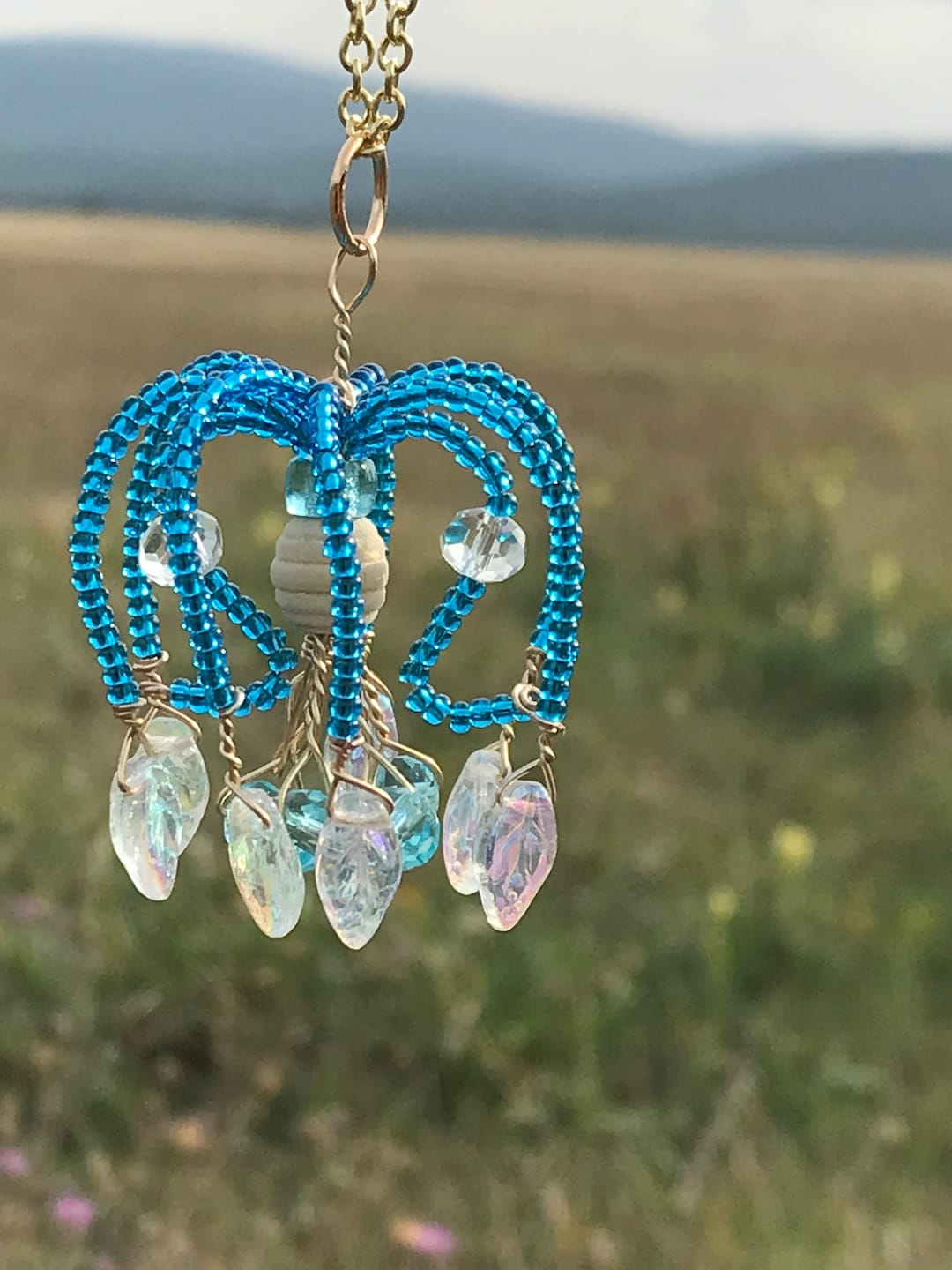 Avatar Inspired Wood Sprite Crystal Aqua Blue Pendant Necklace W Golden ...