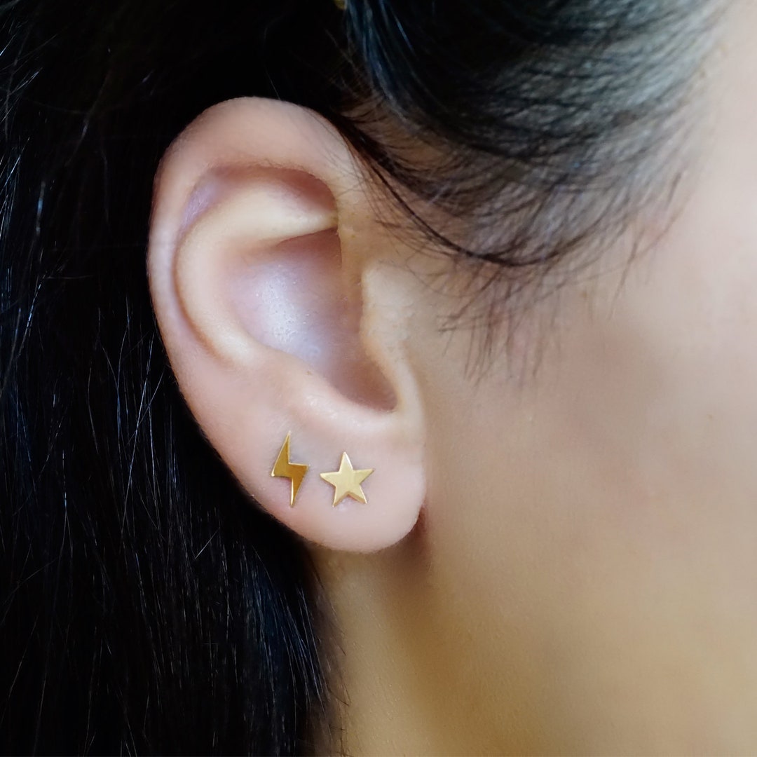 Midnight Blitz Star Moon Lightening Bolt Yellow Gold Stud Earrings - Etsy
