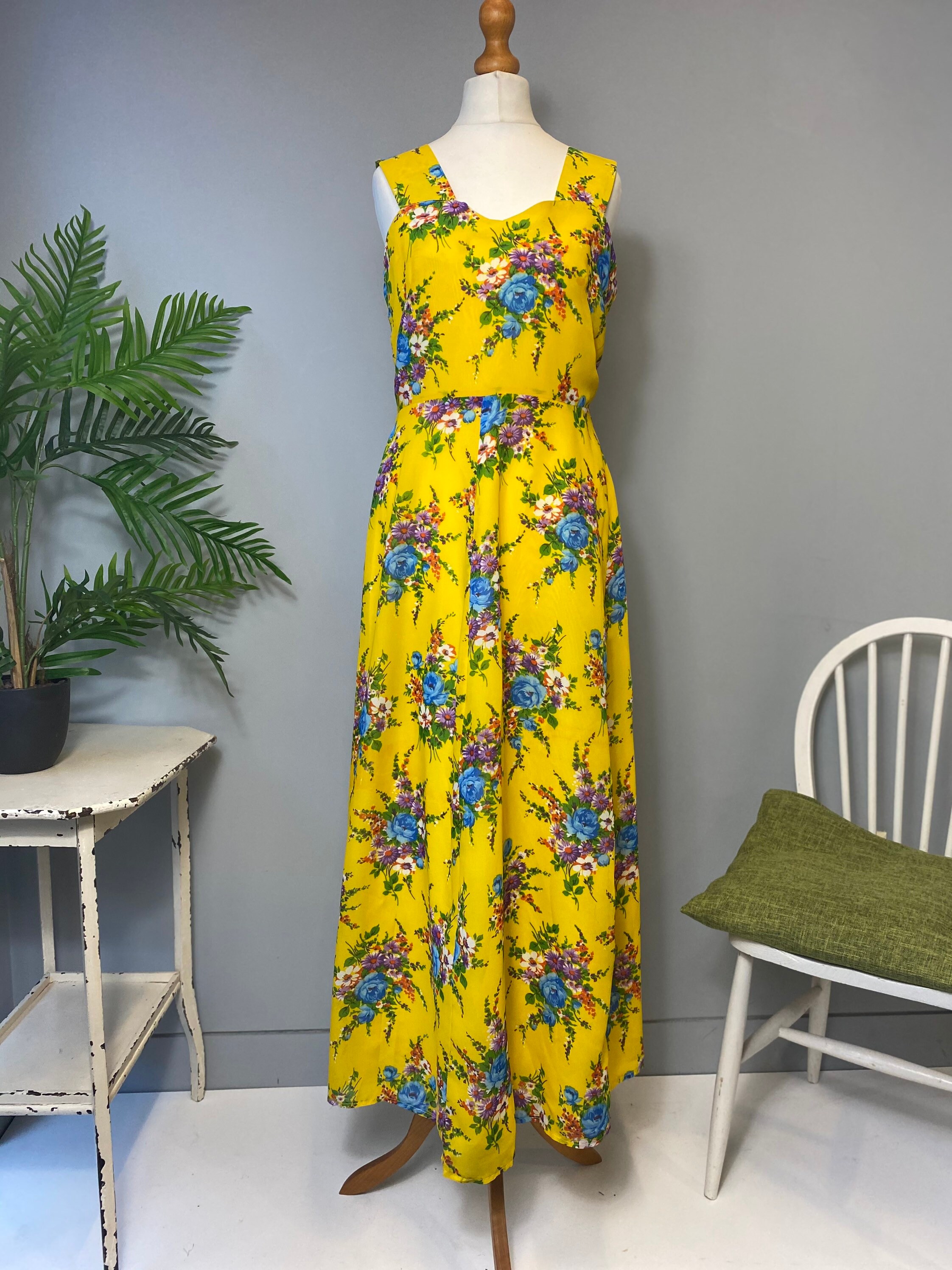 Vtg Yellow Floral Lace 70’s Hand Made Maxi Dress - munimoro.gob.pe