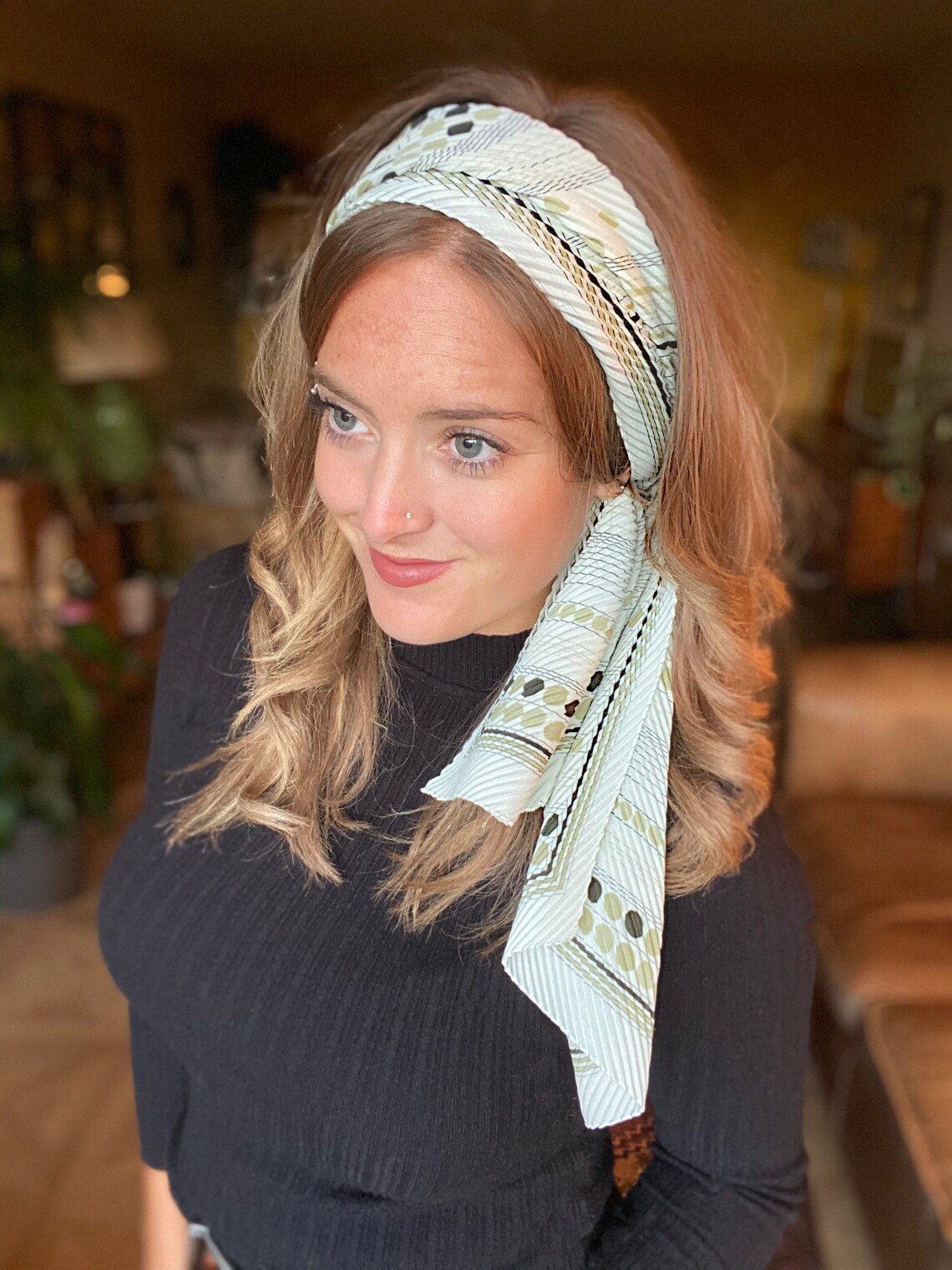 Mod 60s Vintage Head Scarf. Green & White. Retro Floral Print. | Etsy