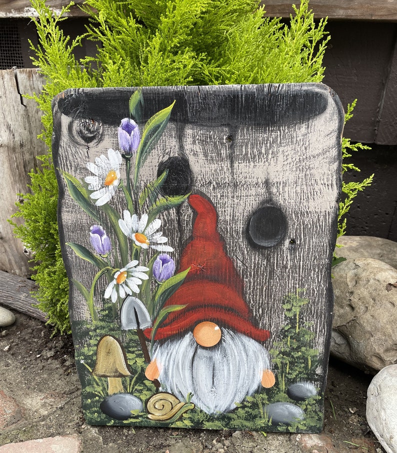 Hand-painted Whimsical Garden Gnome Tree Trunk Sign - Etsy