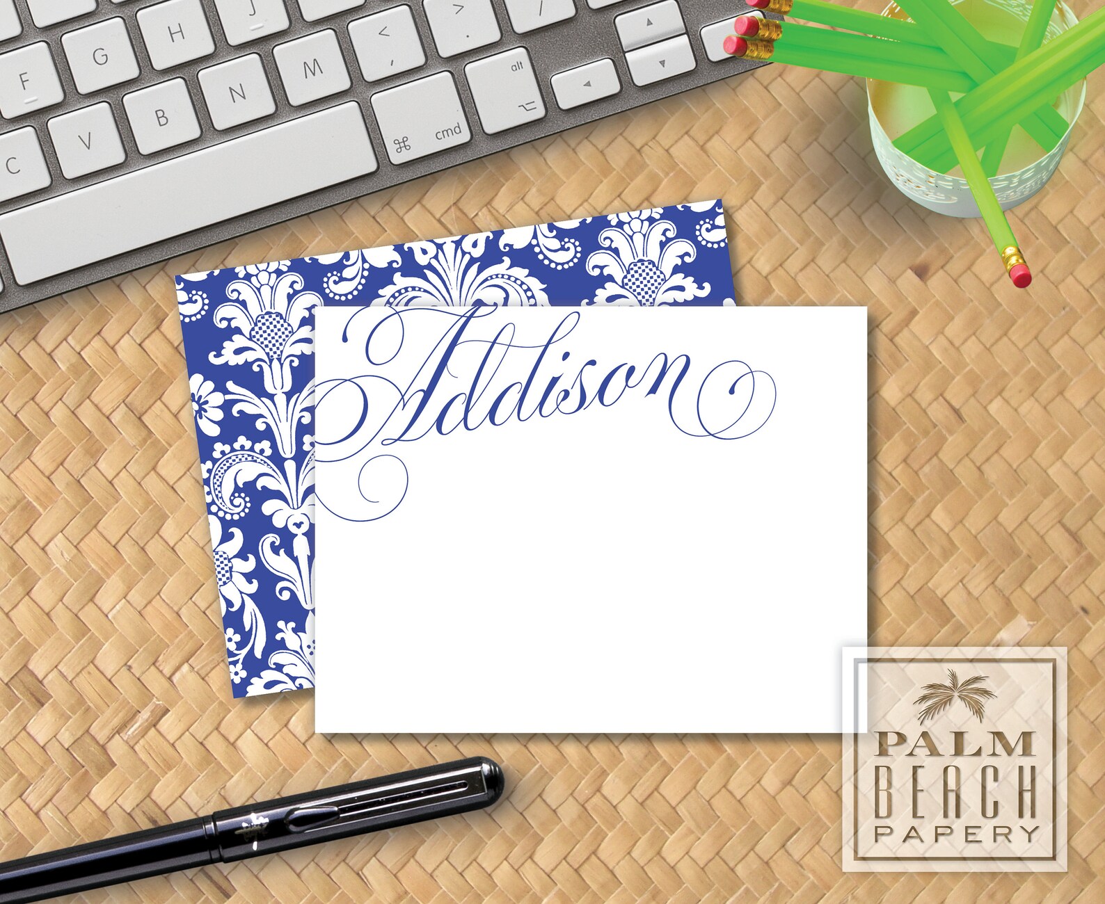 Addison Damask Flat Notecards Preppy Personalized - Etsy