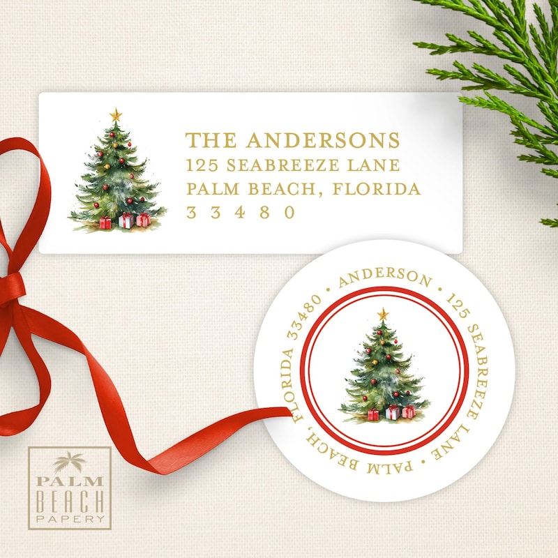 Round Christmas Labels and Address - Etsy