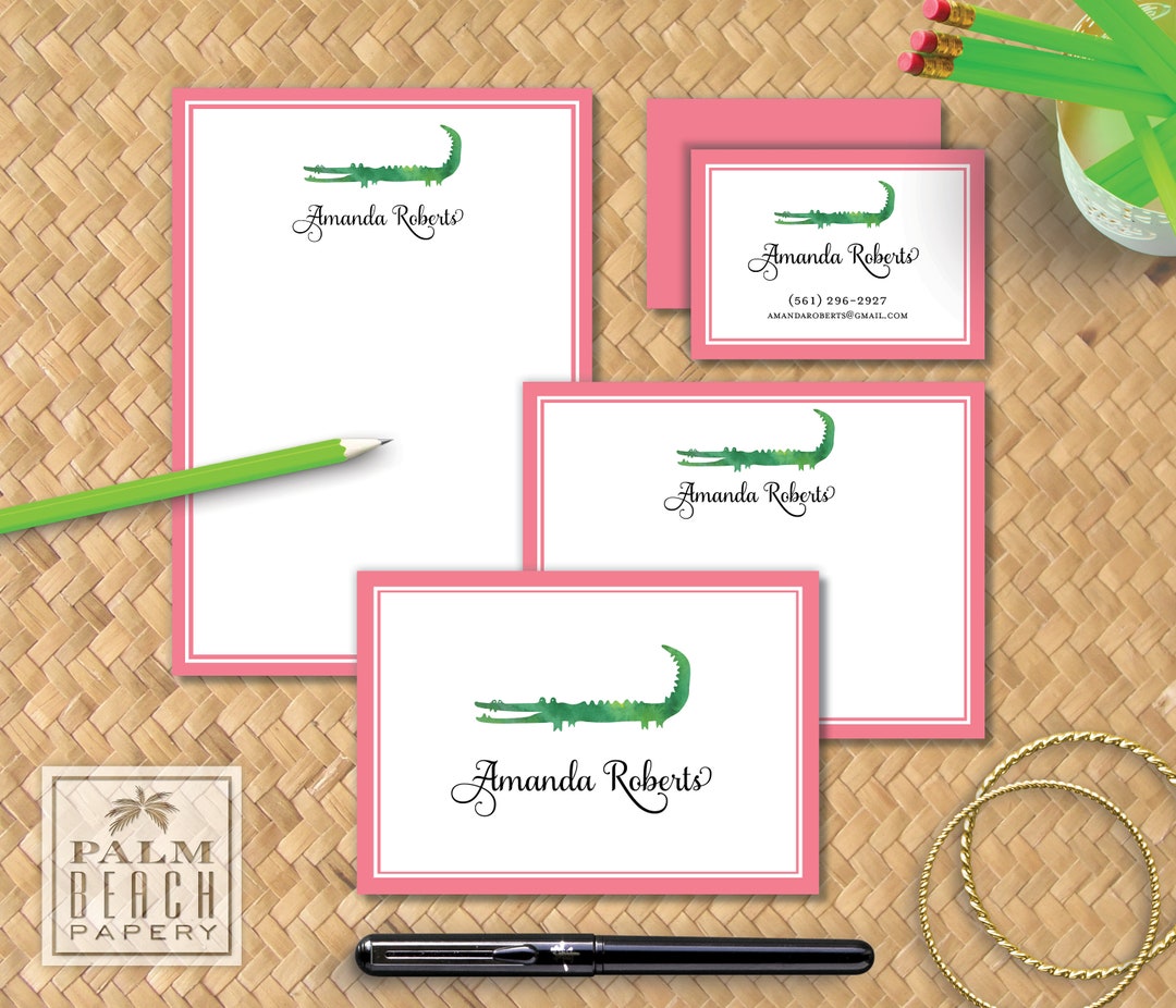 Preppy Alligator Stationery Bundle Pink and Green Notepad, Flat Note ...