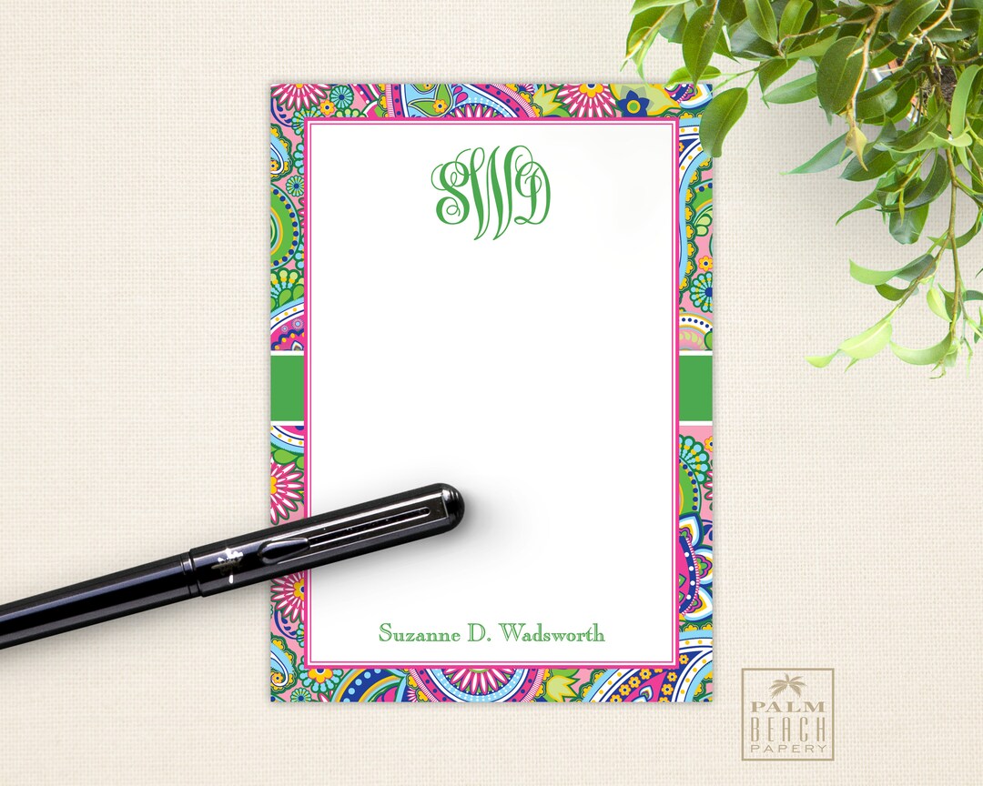 Hibiscus Paisley 5x7 Notepads - Monogrammed Pink & Green Paisley Memo ...