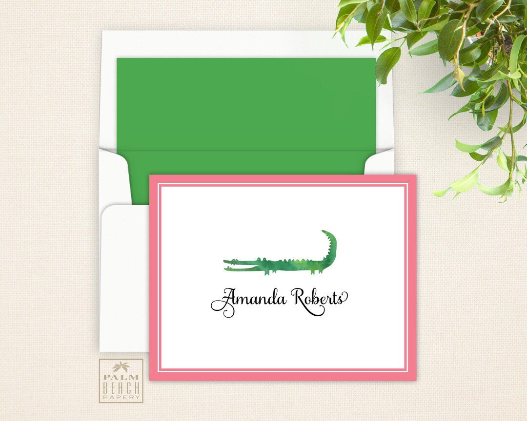 Preppy Alligator Folded Notecards - Personalized Pink and Green ...
