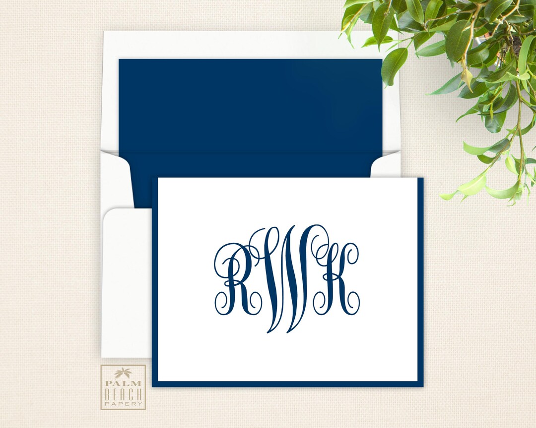 Classic Monogram Folded Notecards - Traditional 3 Initial Foldover Note Cards With Optional ...