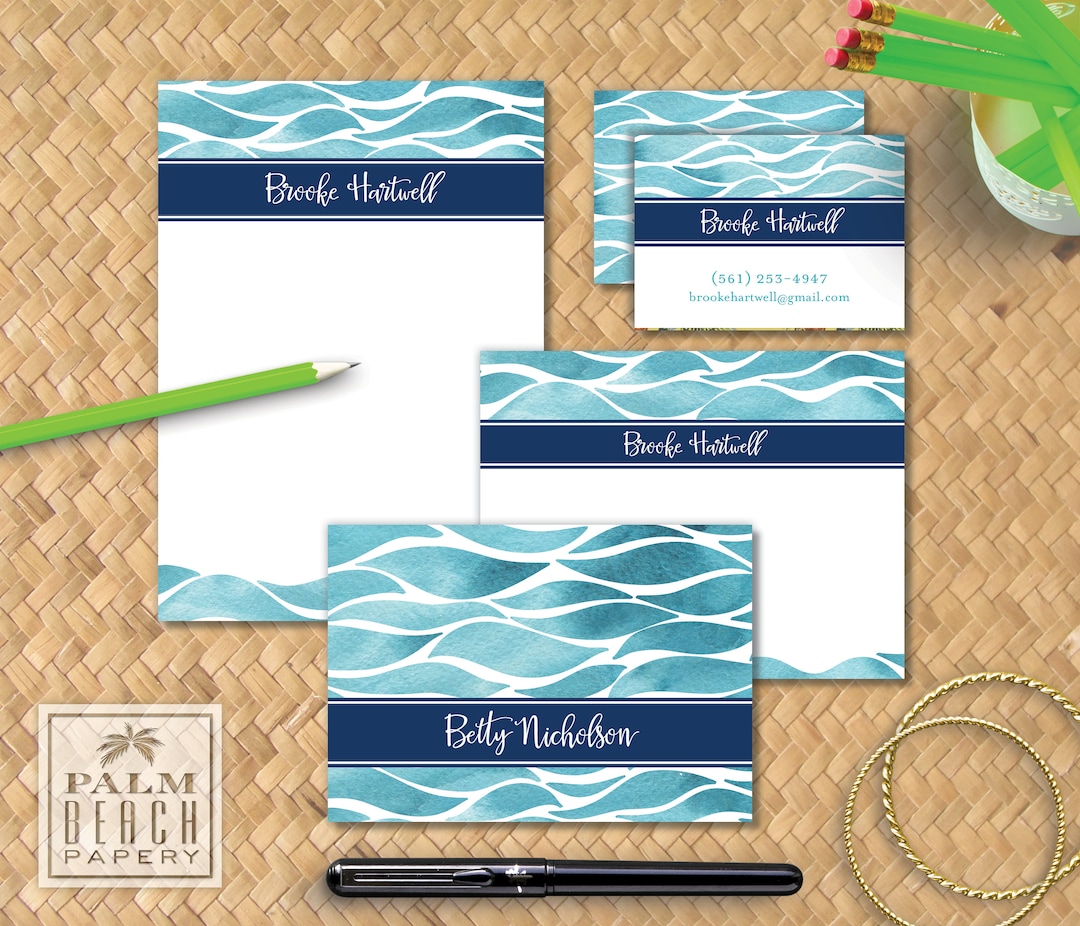 Watercolor Waves Stationery Bundle Notepad, Flat Notecards, Folded ...
