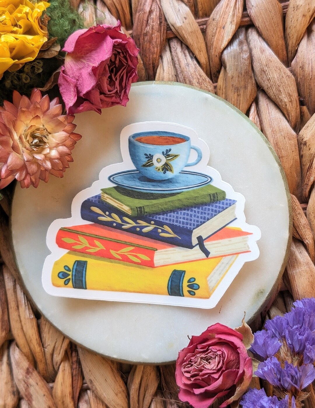 Teacup and Books Vinyl Sticker, Book Lover Gift, Laptop Water Bottle ...