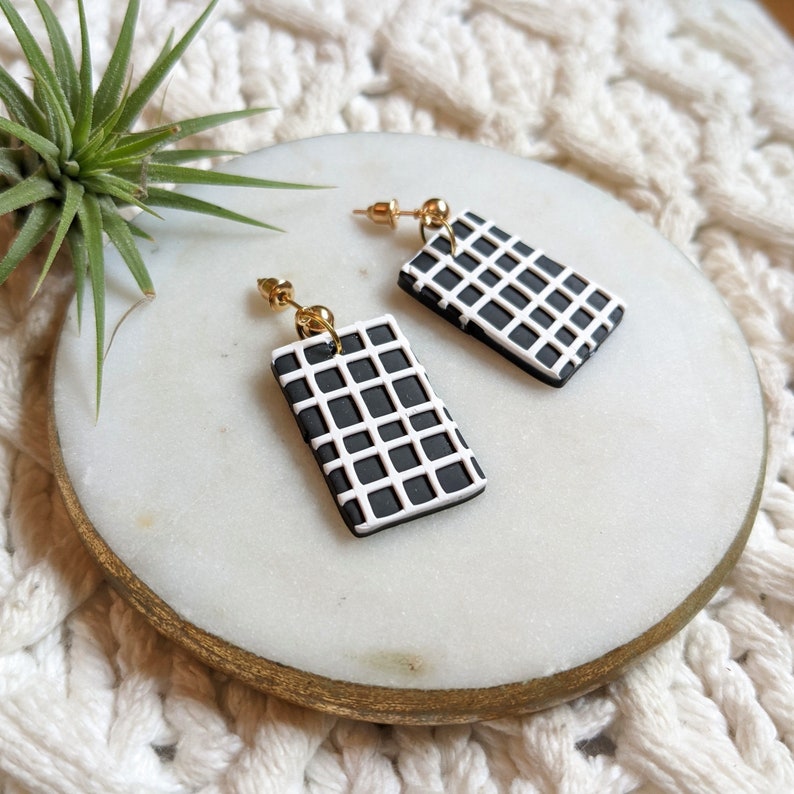 Black & White Crosshatch Dangle Clay Statement Earrings. Handmade ...
