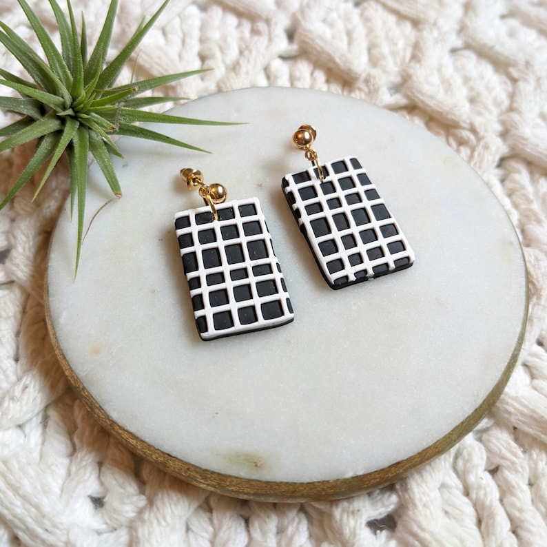 Black & White Crosshatch Dangle Clay Statement Earrings. Handmade ...