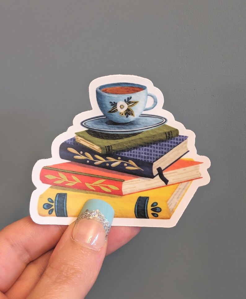 Teacup and Books Vinyl Sticker, Book Lover Gift, Laptop Water Bottle ...