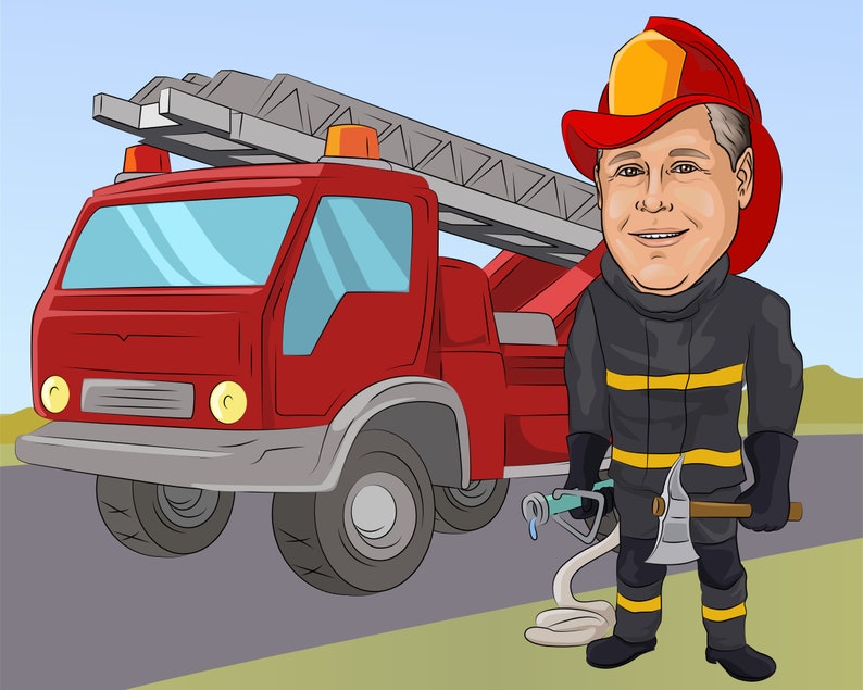 Firefighter Gift - Custom Caricature Portrait From Your Photo / Fireman ...